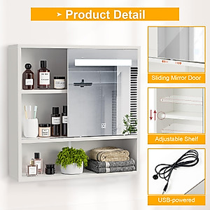 Sunghome Medicine Cabinet Mirror Bathroom Wall Cabinet, LED Light Bathroom Mirror with Storage, Medicine Cabinets with Slid Door and Adjustable Shelf, White, 24'' x 23.6''