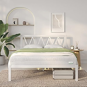 Novilla Queen Bed Frame with Headboard, Metal Platform Bed Frame, Heavy Duty, No Box Spring Needed, Wood Slat Support, Easy Assembly, White