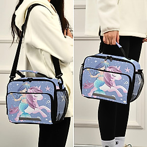 ZOEO Girls Mermaid Unicorn Lunch Box Blue Magic Horse Prep Kids Cooler Insulated Lunch Bag Tote Freezable Shoulder Strap Waterproof Picnic Meal for School Office