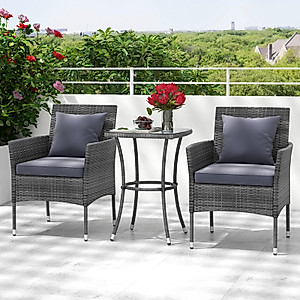 Tangkula 3-Piece Patio Furniture Set, PE Wicker Conversation Bistro Set w/A Tempered Glass Table & 2 Cushioned Chairs, Outdoor Table & Chairs Set for Patio Porch Yard Garden (Mix Gray+Grey)