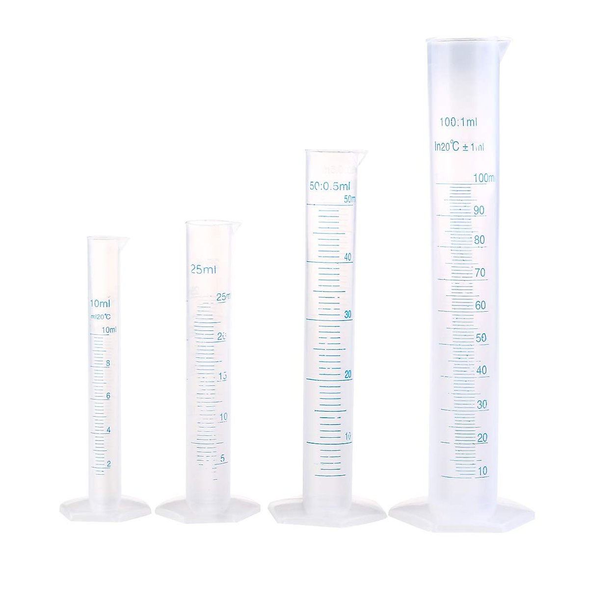 POPETPOP 4pcs 10ml / 25ml / / 100ml Measuring Plastic Graduated Cylinder Laboratory Bottle Lab Test Measuring Container Cups