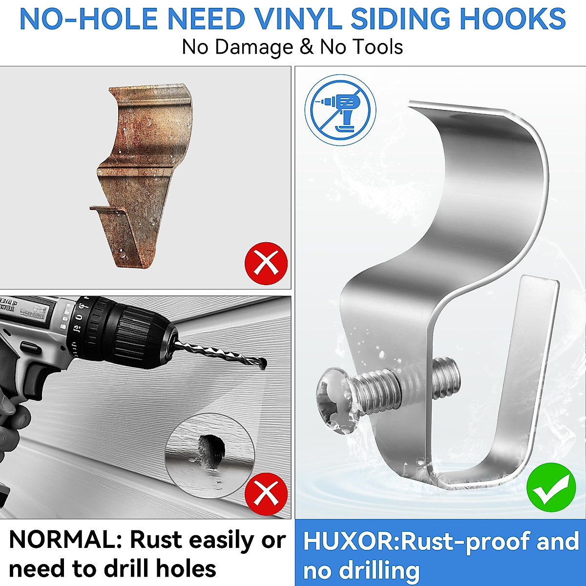 HUXOR 10-Pack Vinyl Siding Screws Hooks for Home Security Camera, Outdoor No-Hole Camera Mount Hanger for Blink, Arlo, Ring, Stainless Steel Siding Clips