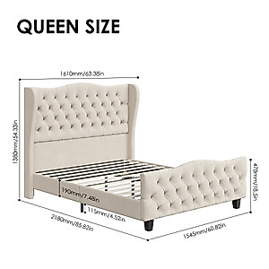 Keyluv Queen Size 54.3” Tall Platform Bed Frame with Deep Button Tufted Wingback Headboard and Footboard, Velvet Upholstered Bed Frame with Handmade Pleats, No Box Spring Needed, Beige/Cream