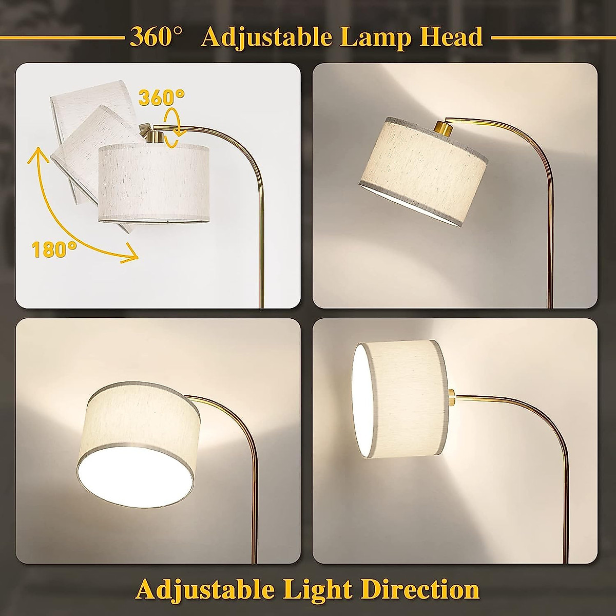 Boncoo LED Floor Lamp Fully Dimmable Modern Standing Lamp Arc Floor Lamp with Adjustable Drum Shade, Golden Tall Pole Reading Lamp Corner Light for Living Room Bedroom Study Room, 8W LED Bulb Included