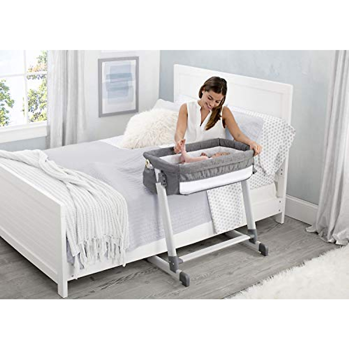 Simmons Kids By The Bed City Sleeper Bassinet - Adjustable Height Portable Crib with Wheels & Airflow Mesh, Grey Tweed