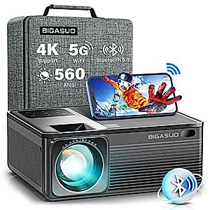 BIGASUO 5G WiFi Bluetooth Projector - 560 ANSI FHD Native 1080P Outdoor Movie Projector 4k Support, Portable Video Projector Support 300"/Zoom/HiFi, Home Theater Compatible w/HDMI/USB/iOS&Android
