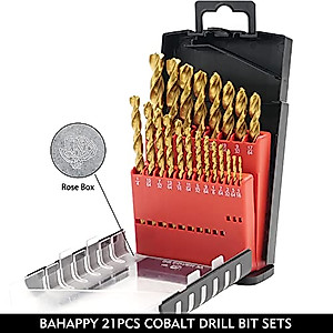 BeHappy Titanium Twist Drill Bit Set, 21Pcs M35 High Speed Steel Jobber Drill Bit Set, Cobalt Drill Bit Set for Stainless Steel, Hardened Metal, Cast Iron,Wood,Plastic, Rose Storage Case, 1/16"-3/8"