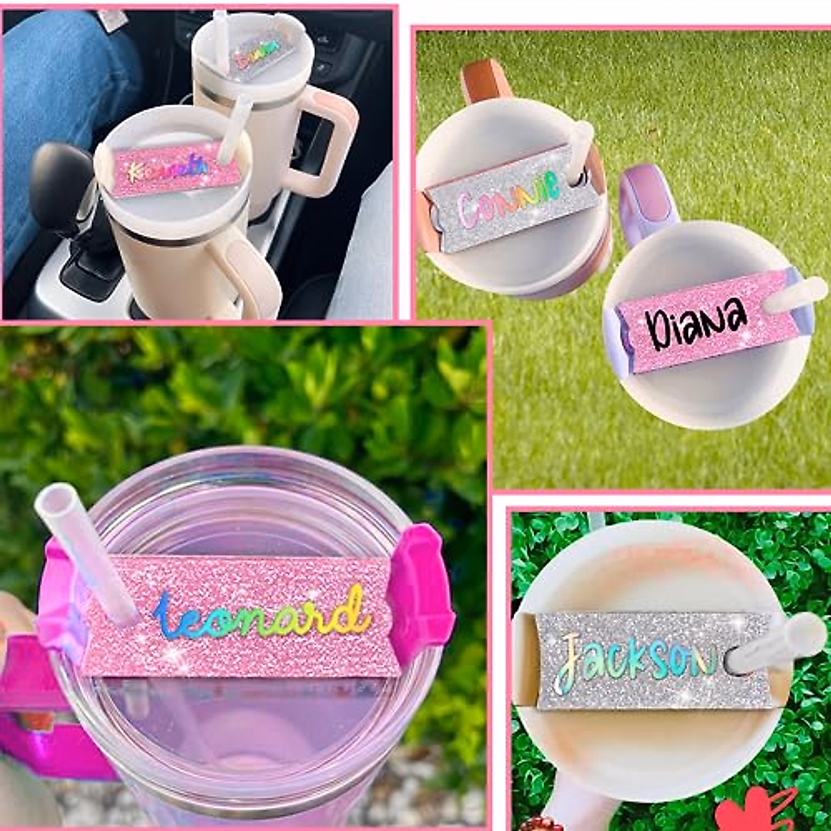 AIERSA Name Plate or Stanley Cup Lid 40oz Tumbler with Handle, 6pcs Pink, 6Pcs Silver