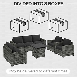 Outsunny 5 Piece Patio Furniture Set with Cushions, Outdoor PE Rattan Wicker Conversation Sofa Set with 30" Fire Pit Coffee Table, Dark Gray