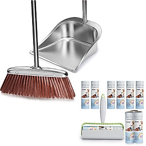 Broom and Dustpan Set with Long Handled, 6.3 inch Large Lint Roller Extra Sticky 600 Sheets/10 Refills