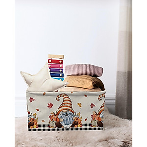 Storage Basket Fall Gnome Fall Bakets Foldable Storage Bins Collapsible with Handles Autumn Pumpkin Black Buffalo Plaid Laundry Baskets for Organizing Shelves Closet Toy Gifts Bedroom Home Decor
