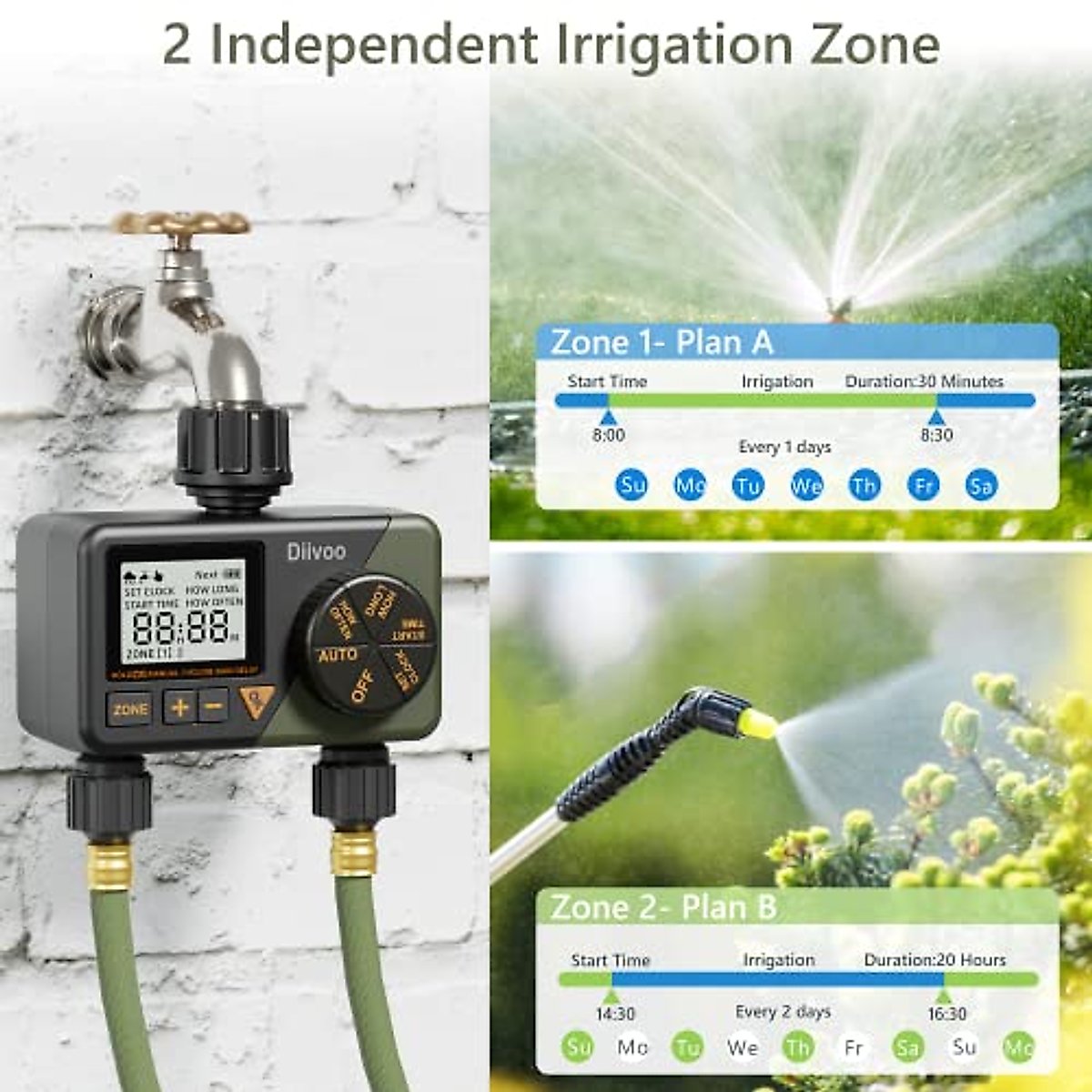 Sprinkler Timer 2 Zone, Diivoo Programmable Water Hose Timer 2 Outlet for Garden, Automatic Irrigation Timer IP54 with Rain Delay/Manual/Auto Mode, Outdoor Hose Timer Controller for Lawn, Yard, Pool
