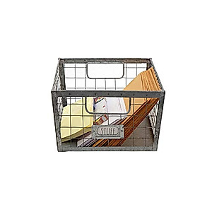 Rae Dunn Wire Storage Basket – Galvanized Steel and Solid Wood Organizer – Decorative Folder Bin with Two Handles and Label Slot - for Office, Bedroom, Living Room, Closet and More