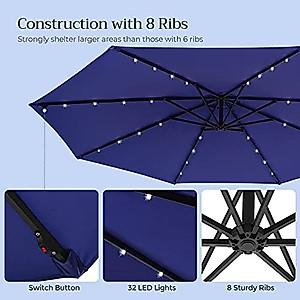 SONGMICS 10 ft Cantilever Patio Umbrella with Solar-Powered LED Lights, Outdoor Offset Umbrella with Base, Pool Garden Deck, Crank for Opening Closing, Water-Repellent, UPF 50+, Navy Blue UGPU118L01