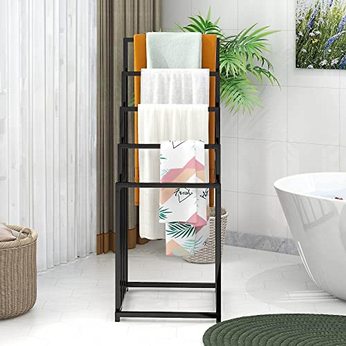 HAHRIR Black Metal 5-Tiers Stainless Steel Towel Racks ,Freestanding Towel Holder for Bathroom Accessories Organizer，for Bath Storage & Hand Towels&Washcloths& Blanket Rack