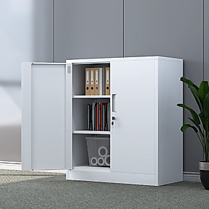 iJINGUR Metal Storage Cabinet with Locking Doors and 2 Adjustable Shelves, Small Lockable Steel Storage Cabinets for Garage Home Office Basement Pantry Classroom and Workshop (White)