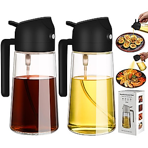 VZZNN 2 Pack Oil Dispenser Bottle for Kitchen,2 in 1 Oil Dispenser and Oil Sprayer,16.5oz/470ML Glass Spray Bottle with Premium Nozzle,Air Fryer Accessories for kitchen,Salad,Baking,BBQ,Frying(Black)