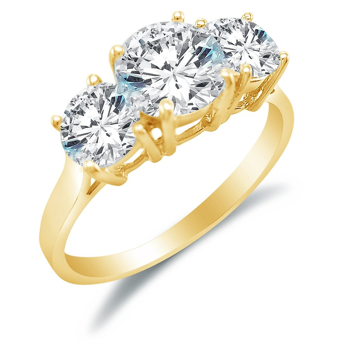 Size 6.5 - Solid 14k Yellow Gold 3 Three Stone Round Brilliant Cut Solitaire with Round Side Stones CZ Cubic Zirconia Engagement Ring 2.0ct.