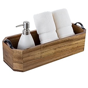 MyGift Bathroom Caddy Tray Natural Acacia Wood Toiletries Storage Bin and Toilet Paper Holder with Metal Handles, Toilet Tank/Vanity Countertop Organizer Basket