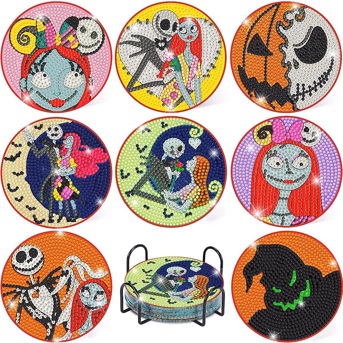 8 Pcs Halloween Diamond Paintings Coasters Kits with Holder, DIY Jack and Sally Coaster Diamond Art Kits,Full Drill Rhinestone Painting Kits for Adults & Kids,Beginners Art Craft Supplies