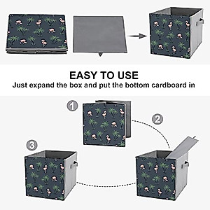 Pink Flamingo Birds and Palm Trees Canvas Collapsible Storage Bins Cube Organizer Baskets with Handles for Home Office Car