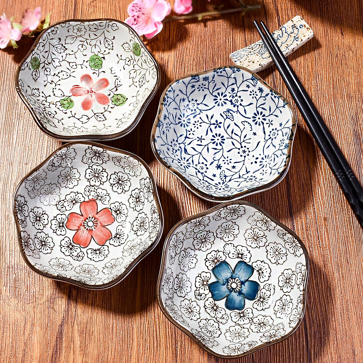 Japanese Style Soy Sauce Dishes set of 8, Ceramic 4-inch Plum Flower Dishe Serving for Dumpling, Side Dish, Sushi (8)