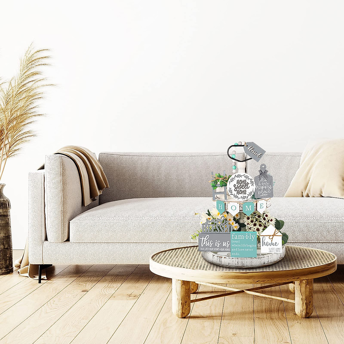 FairySandy 11 Pcs Farmhouse Tiered Tray Decor Home Wood Sign Rustic Simply Blessed Wooden Beads Tiered Tray Decorations Set for Home Kitchen Table