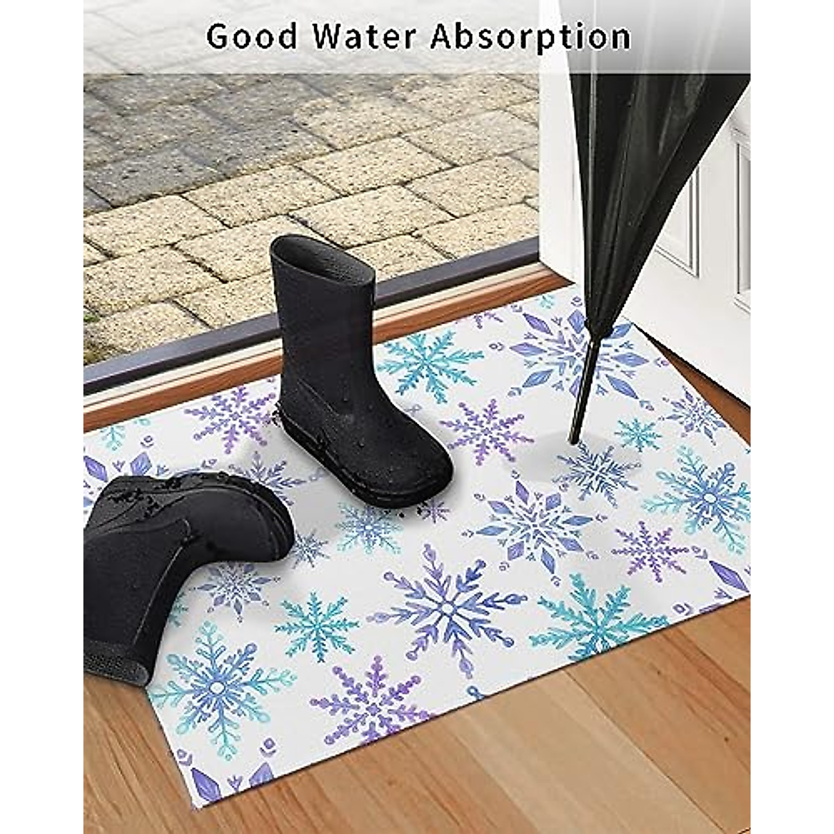 Indoor Door Mat Washable Mat 16x24 Inch - Outdoor Non-Slip Mat Absorbent Resist Dirt Doormats Christmas Winter Snowflake Tile Floor Mat for Entryway Patio Bathroom