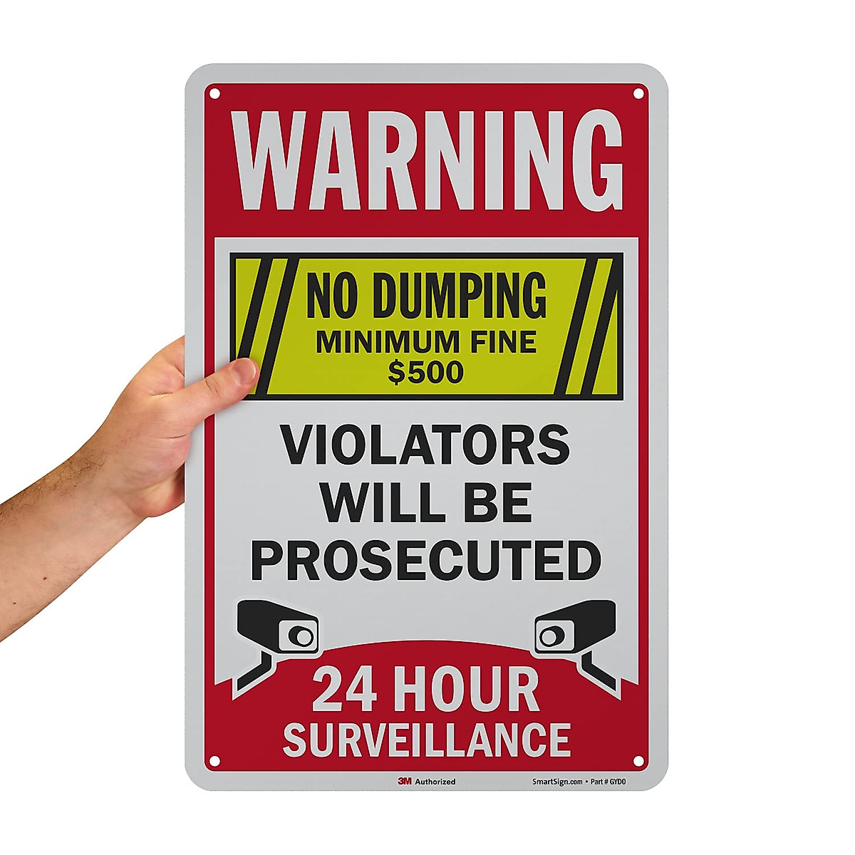 SmartSign 18" x 12" 'Warning - No Dumping, Minimum Fine USD 500, Violators Prosecuted, 24 Hour Surveillance' Metal Sign, 63 mil Aluminum, 3M Laminated Engineer Grade Reflective, USA-Made