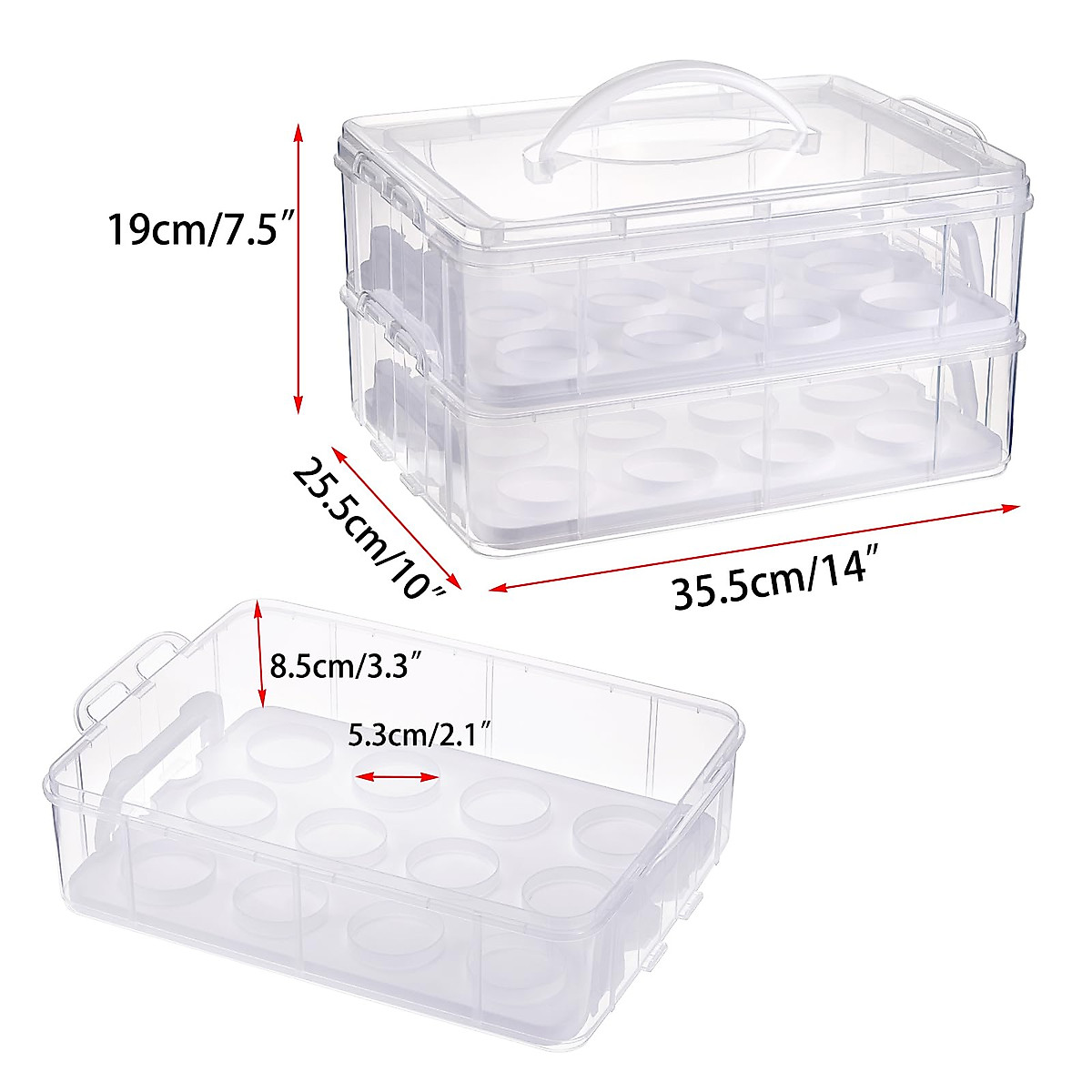 BTSKY 2 Tier Clear Plastic Cupcake Holder with Lid & Handles, Portable Cupcake Carrier for 24 Cupcakes, Stackable Cupcake Storage Container with Convenient Slot Tray Large Plastic Storage Box, White