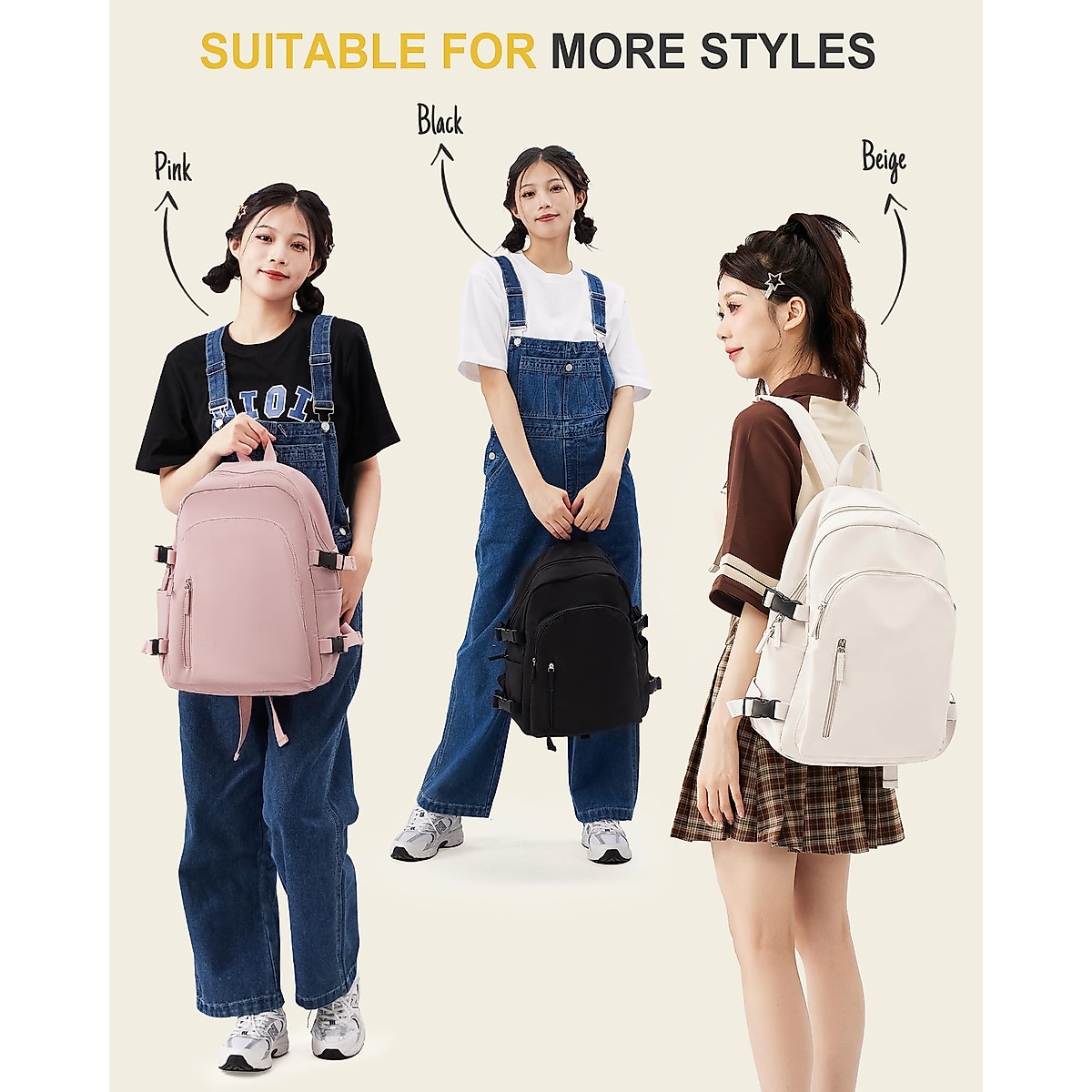 UPPACK College Backpack for Women Man Casual Daypack Backpacks Lightweight Travel Cute Preppy Backpack Aesthetic Simple Black Backpack Waterproof Carry On backpack for Airplanes College Essentials