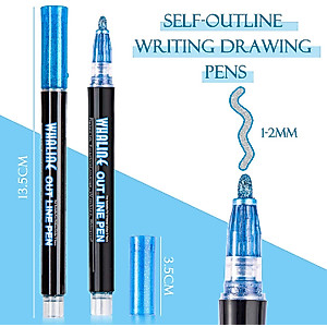 Whaline Double Line Outline Pens, 12 Colors Self-Outline Metallic Markers Glitter Writing Drawing Pens for Christmas Card Writing, Birthday Greeting, DIY Art Crafts, Scrap Booking