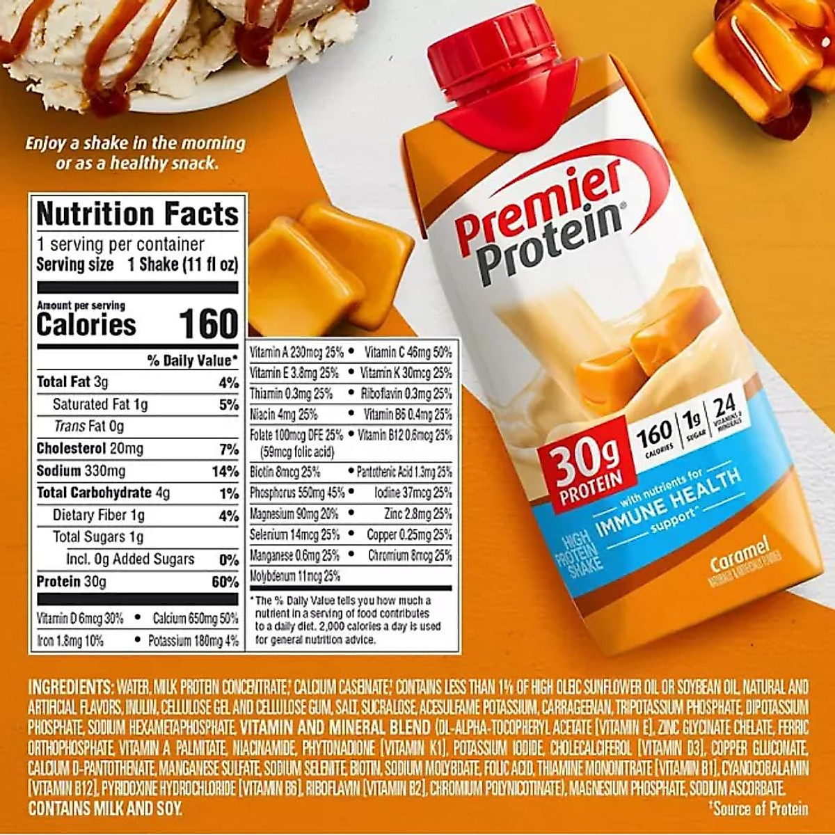 Premier Protein Shake| Variety Pack of Chocolate, Vanilla, Caramel, Cafe Latte, Strawberries |30g Protein, 1g Sugar, 24 Vitamins & Minerals, Nutrients to Support Immune Health | - 11 Fl Oz Pack of 7 | Plus Canned Water to Help you stay Hydrated - Limited