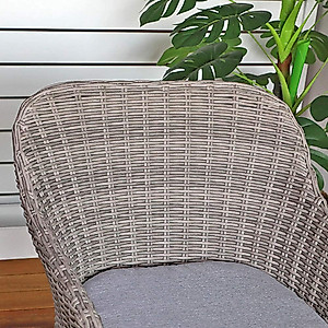 Soleil Jardin Outdoor 3-Piece Bistro Set with Seat Cushion, Two Chairs and Wood Top Side Table, Gray Wicker with Wood Leg