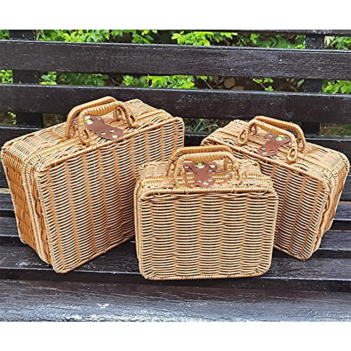 Flueyer Rattan Suitcase Basket, Wicker Storage Box with Handles, Willow Picnic Basket, Rattan Storage Box Travel Suitcase for Camping, Outdoor, Indoor, Home Decor