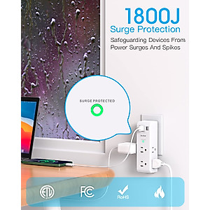 Surge Protector Outlet Extender - with Rotating Plug, 6 AC Multi Plug Outlet with 3 USB Ports (1 USB C), 1800 Joules, 3-Sided Swivel Power Strip with Spaced Outlet Splitter for Home, Office, Travel