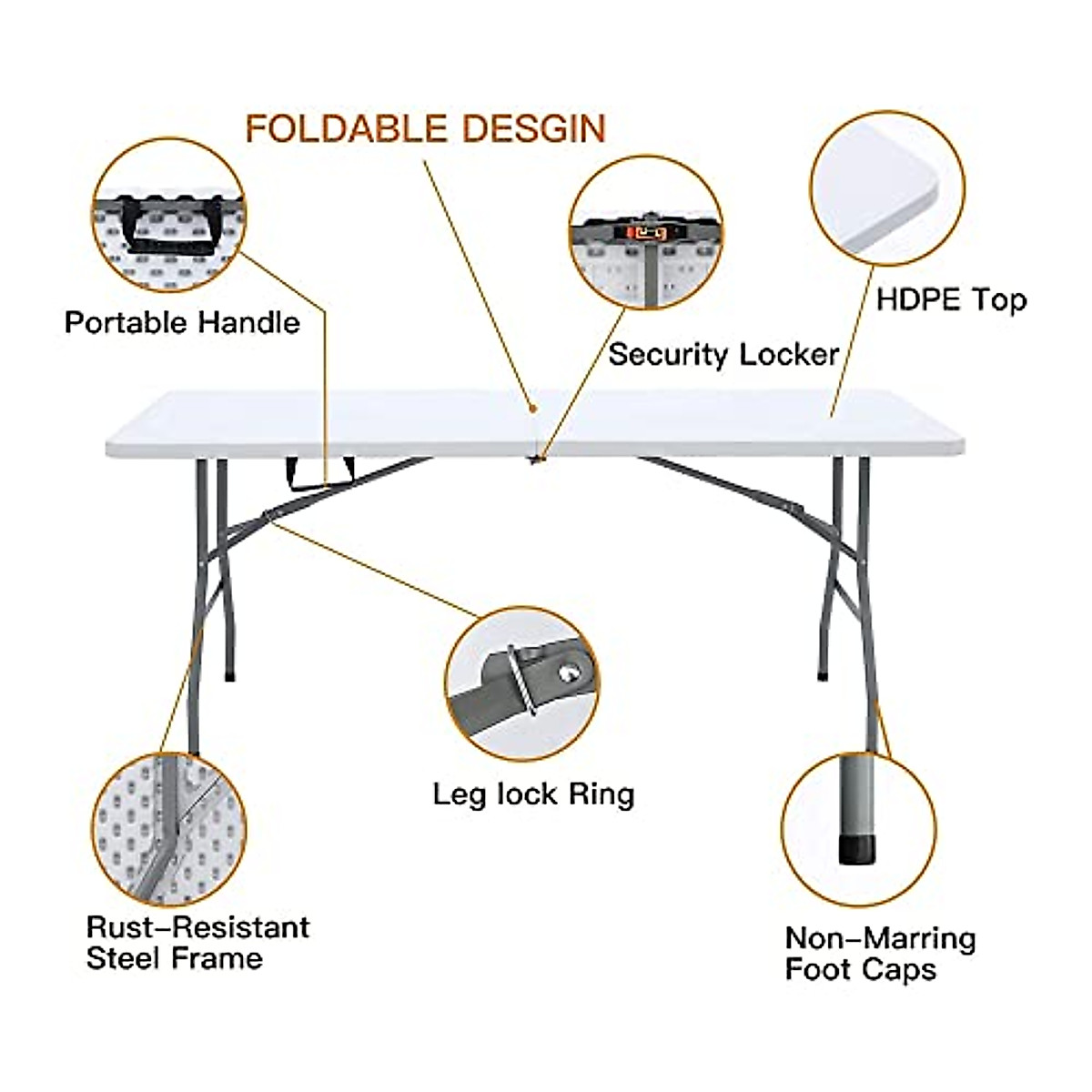 Lakhow UP041 6 Foot Long Portable Plastic Folding Multipurpose Utility Picnic Table with Powder Coated Steel Legs and Built in Carry Handle, White