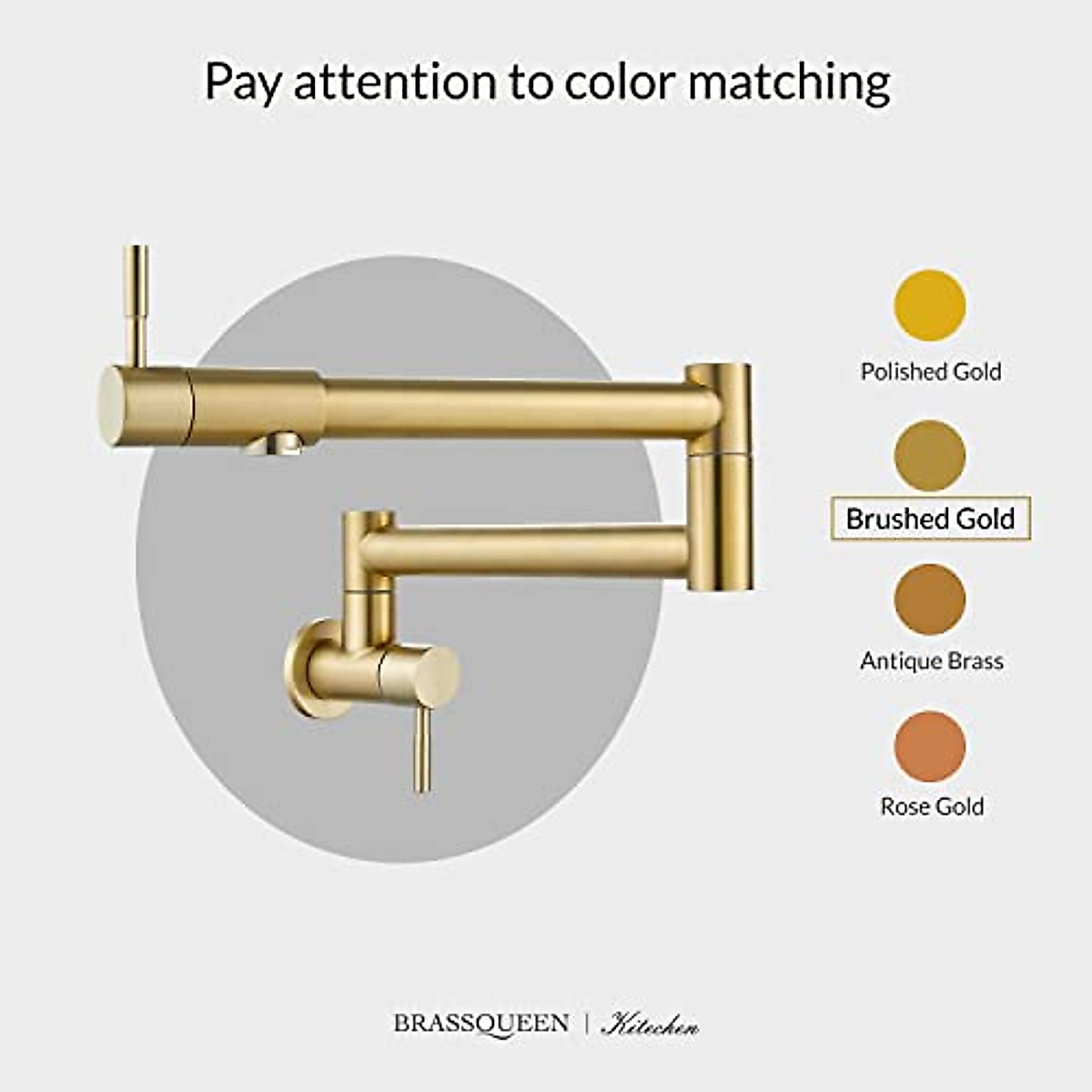 Brassqueen Wall Mounted Pot Filler Kitchen Faucet, Brushed Gold Finish, 2.2 GPM, 15 L/min, 1/2 NPT Connecting Thread, Stainless Steel Core, Dual Ceramic Valves, Anti-Scratch Matte Plating