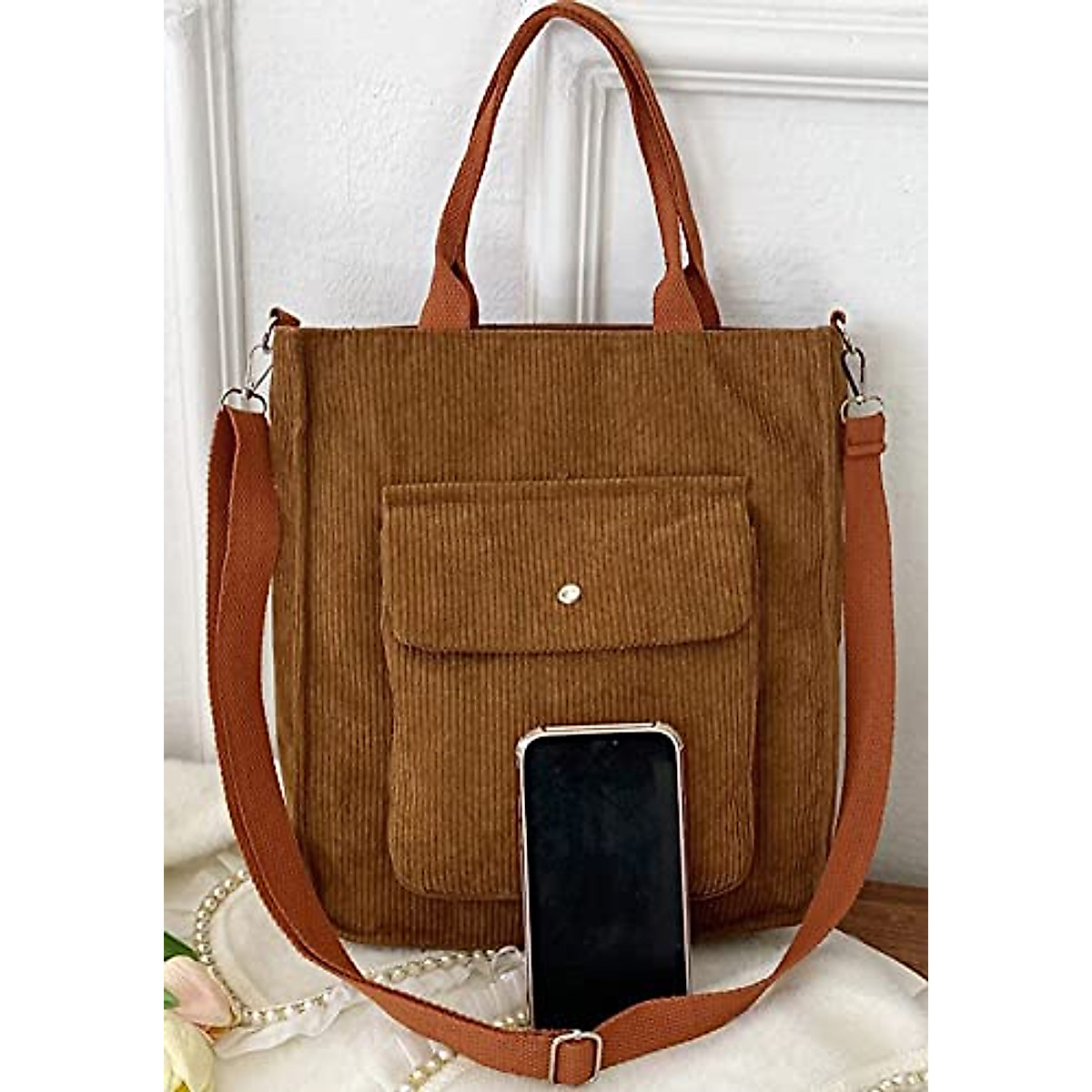 Corduroy Crossbody Bag for Women Girls,Casual Satchel Bag Large Capacity Corduroy Small Tote Bag for Work & School