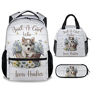 Husky Backpack with Lunch Box, Set of 3 School Backpacks Matching Combo, Cute White Dog Bookbag and Pencil Case Bundle