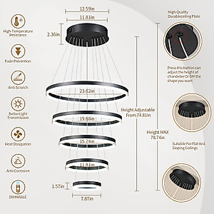 zhllmq Modern LED Chandelier Lighting 5 Rings Black Chandelier Contemporary Ceiling Pendant Light Fixture for Staircase Foyer High Ceiling Living Room 6000K Cool White