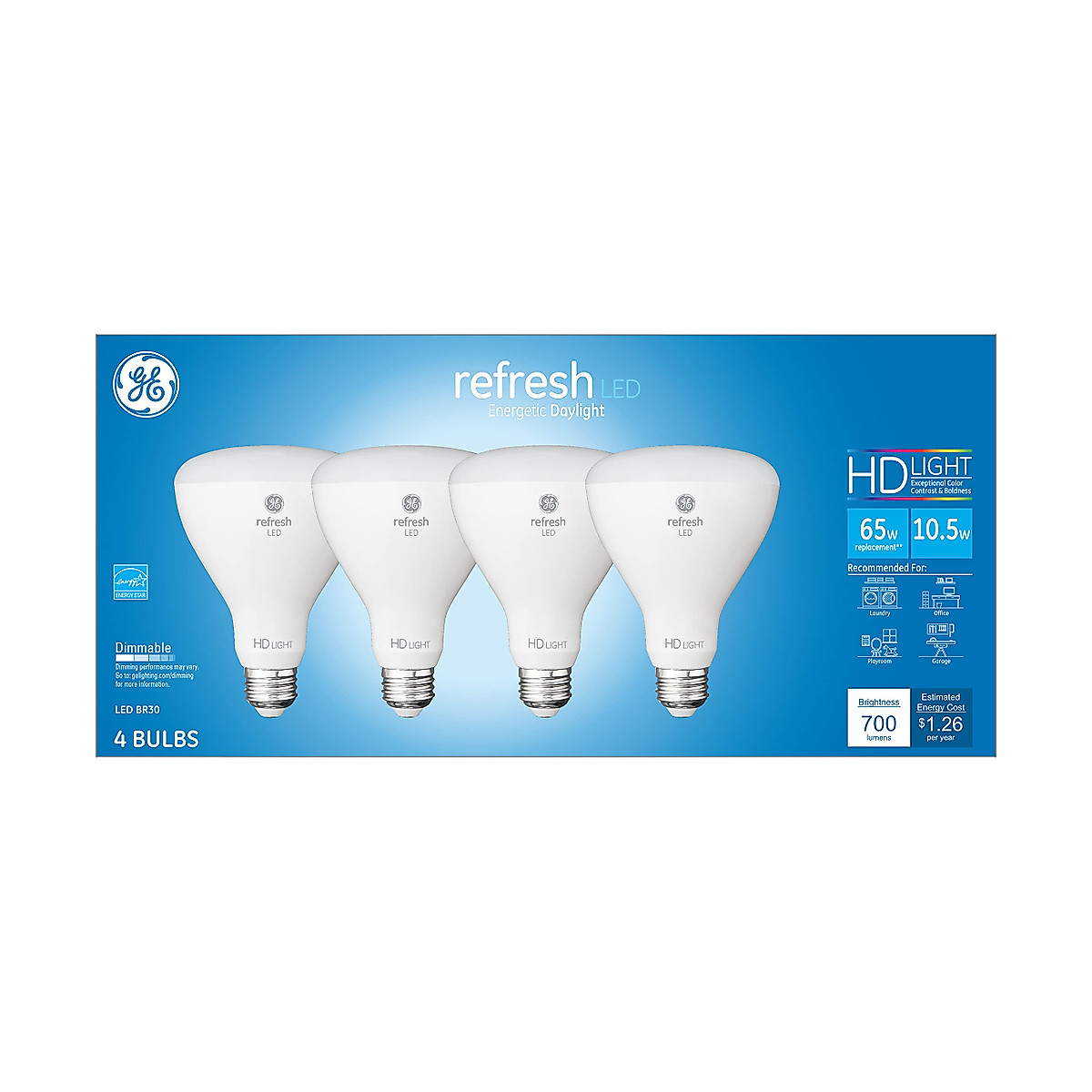 GE Refresh LED Light Bulbs, Indoor Floodlight Bulbs, 10.5 Watt (65 Watt Equivalent) Energetic Daylight, Medium Base, Dimmable (4 Pack)