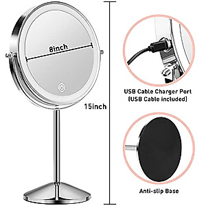 KuMers Lighted Makeup Mirror with Magnification, 10X 8’’Rechargeable Double Sided Vanity Mirror with Lights Magnifying Makeup Mirror with 3 Color Light with 360° Rotation, Detachable Base