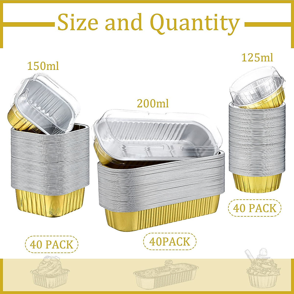 120 Sets 3 Shapes Disposable Mini Aluminum Foil Baking Cups With Lids, 5oz Mini Loaf Pans, 5oz Square Baking Cups, 7oz Muffin Tins, Dessert Cups With Lids for Bread Muffin Brownie Cheesecake