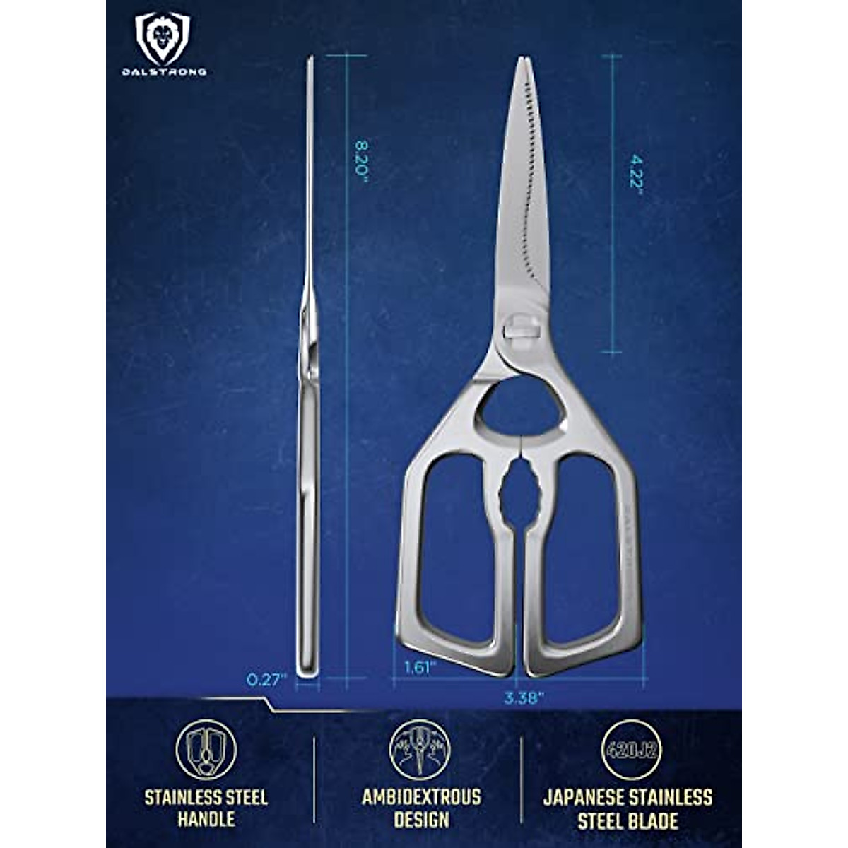 Dalstrong Professional Kitchen Scissors - 420J2 Japanese Stainless Steel - Ambidextrous Kitchen Shears - Detachable - Heavy Duty Sharp Blade - Vegetable, Meat, Pizza Scissors - Food Stain Resistant