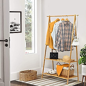 GOFLAME Bamboo Garment Rack, Freestanding Clothing Rack with Hanging Rod and 2 Storage Shelves, Heavy Duty Clothes Rack with Anti-tipping Devices, Natural