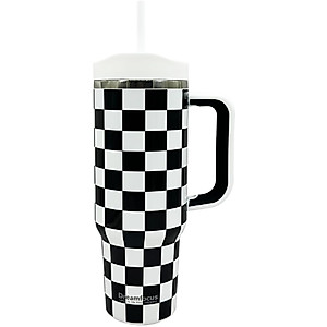 Dreamfocus 40 oz Stainless Steel Vacuum Insulated Tumbler with Handle and Straw, Upgraded Lid Automatic Rebound, Water Bottle Cup Travel Coffee Mug Black and White Checkered