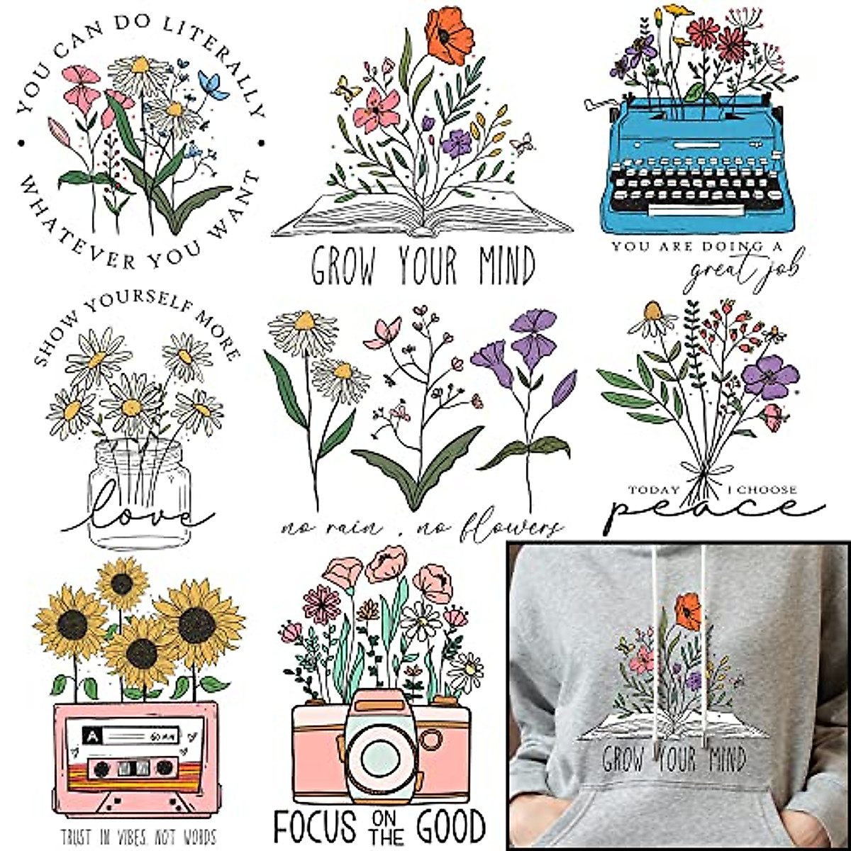 8 Sheets Vintage Flowers Iron On Transfers - Htv Heat Transfer Vinyl Iron On Decals Patches Design - Iron On Stickers T-Shirts Clothing Hats Pillows Backpacks for Women Crafts