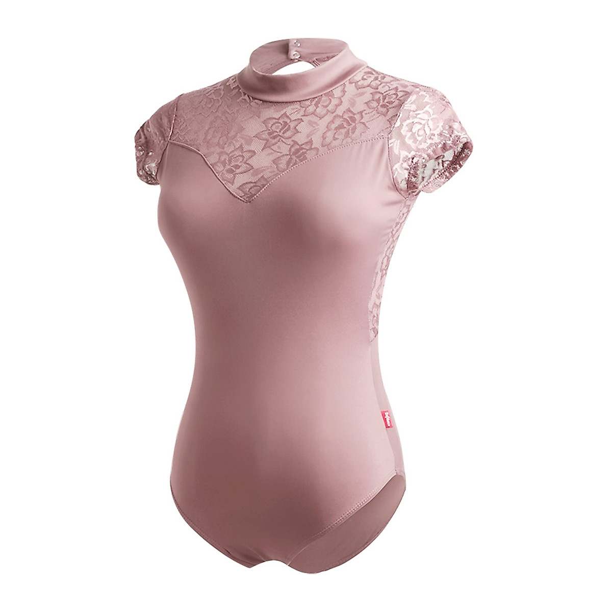 Phoeswan Ballet Leotards Turtleneck Slim Lace Back Brown Nylon Romper Short Sleeve for Women