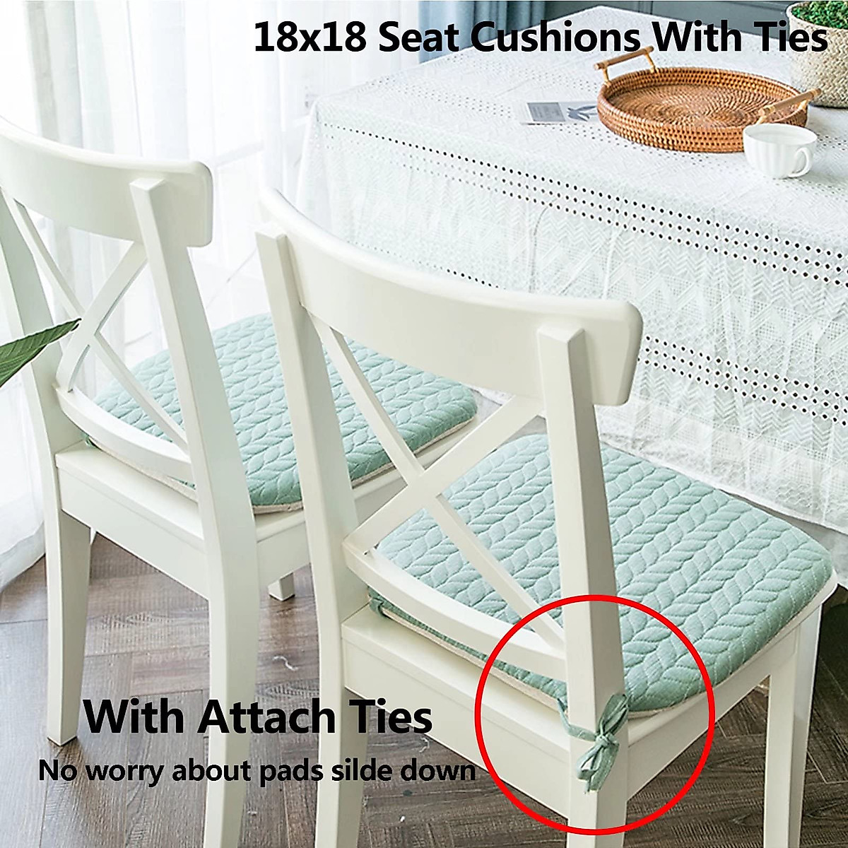 CUNCOO Kitchen Chair Pads Non Slip Set 6, Dining Room Chair Pads Extra Large U Shaped, Chair Cushion Dining Chairs Ties, 100% Cotton Fabric Seat Cushions 6 Pack, Comfortable and Soft Be Beige